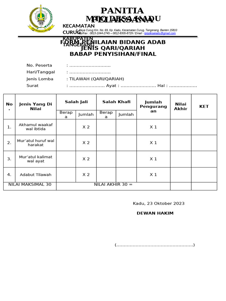 1 Form Penilaian Musabaqah Tilawatil Qur'an | PDF