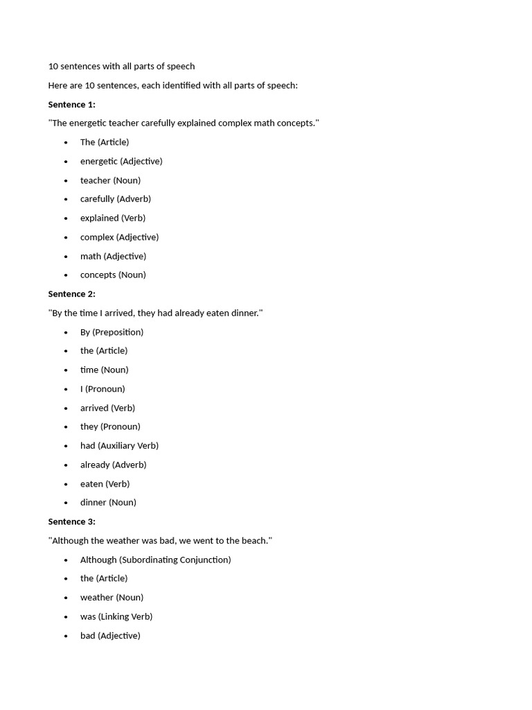 10 Sentences with All Parts of Speech | PDF | Part Of Speech | Adverb