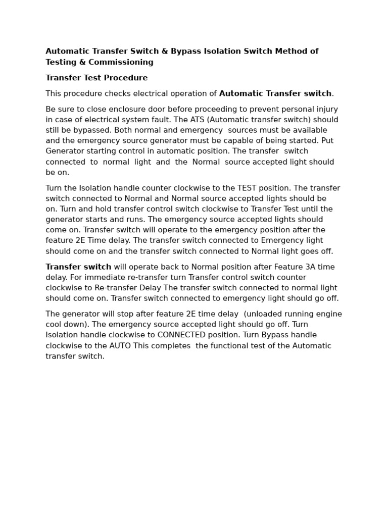 Automatic Transfer Switch & Bypass Isolation Switch Method of Testing ...