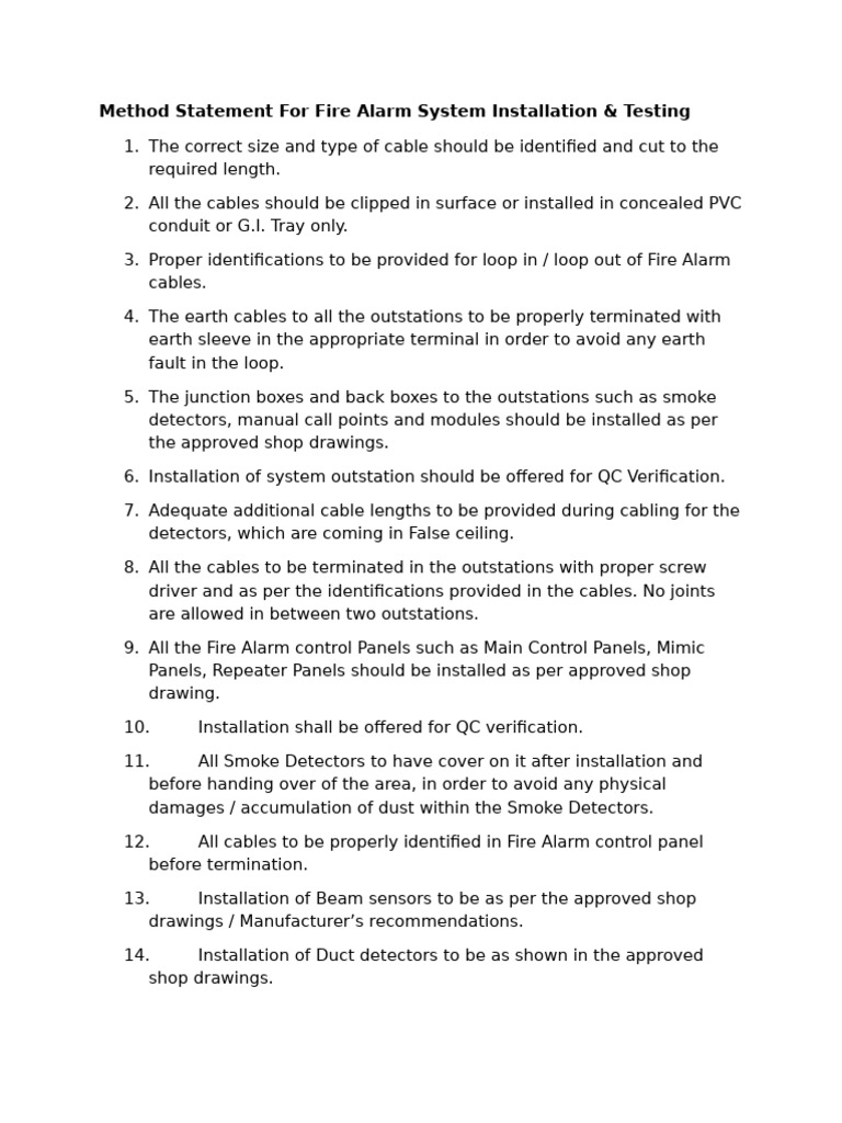 Method Statement For Fire Alarm System Installation | PDF | Battery Charger | Electricity