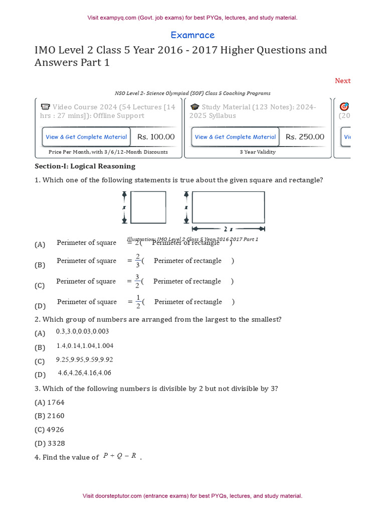 IMO Level 2 Class 5 Year 2016 2017 Part 1 | PDF