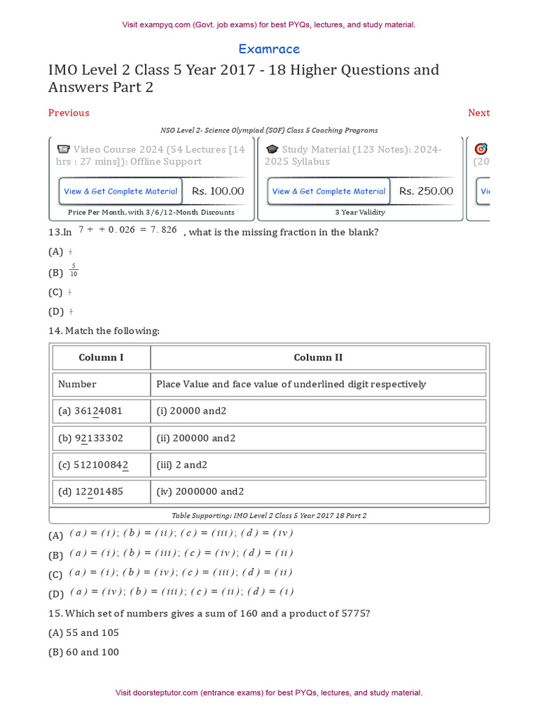 IMO-Level-2-Class-5-Year-2017-18-Part-2 | PDF | Subtraction | Numbers