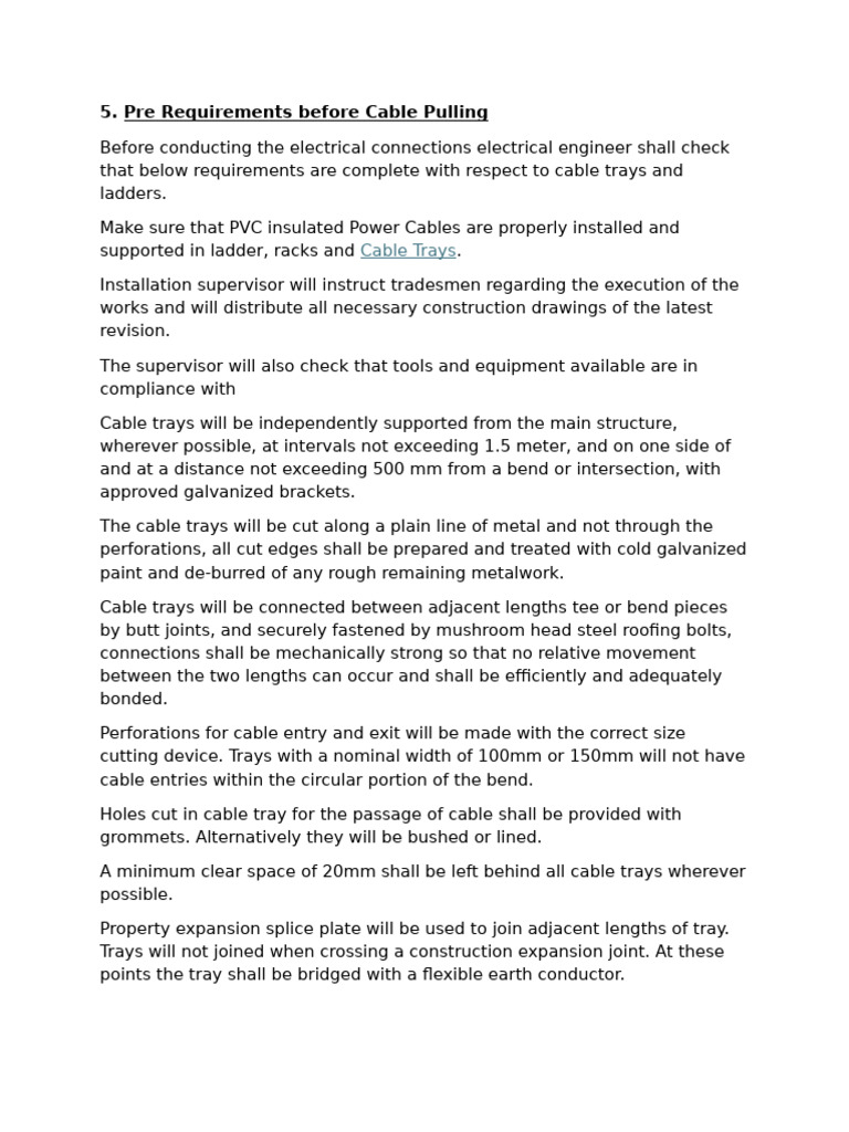 Method Statement for Cable Pulling and Final Electrical Connections to MV | PDF | Electrical ...