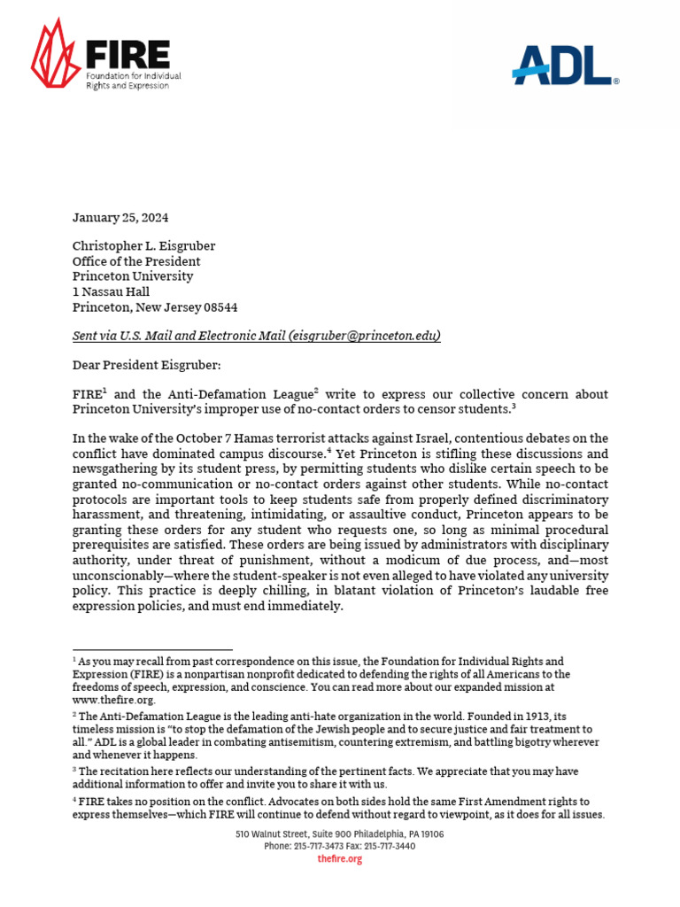 FIRE & ADL Letter To Princeton University, January 25, 2024 | PDF ...