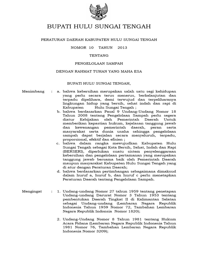 Perda No 10 Th 2013 ttg Pengelolaan sampah | PDF
