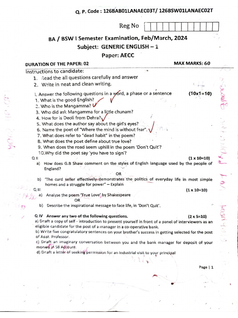 Ba1st Sem English Question Papers-1 | PDF