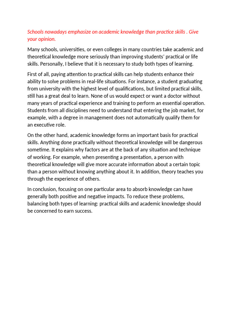 Schools emphasize on academic knowledge than practice skills | PDF