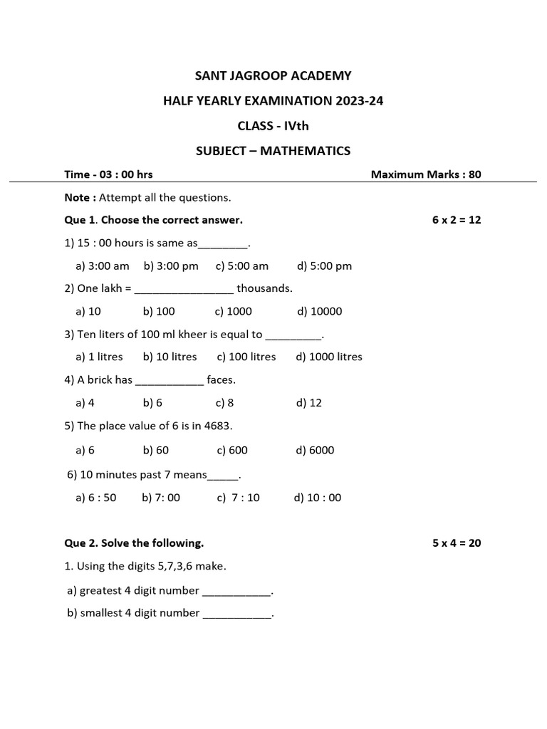 Half Yearly - Class IV [Mathematics] | PDF | Litre | Mathematics