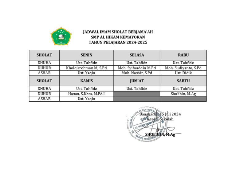 Jadwal Imam Sholat Duhur 2024 - 2025 | PDF