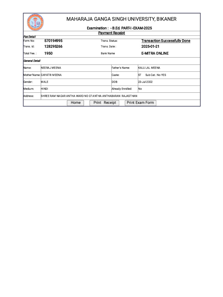 Univindia.net MGSU MGsuMain PaymentRecpt.php | PDF