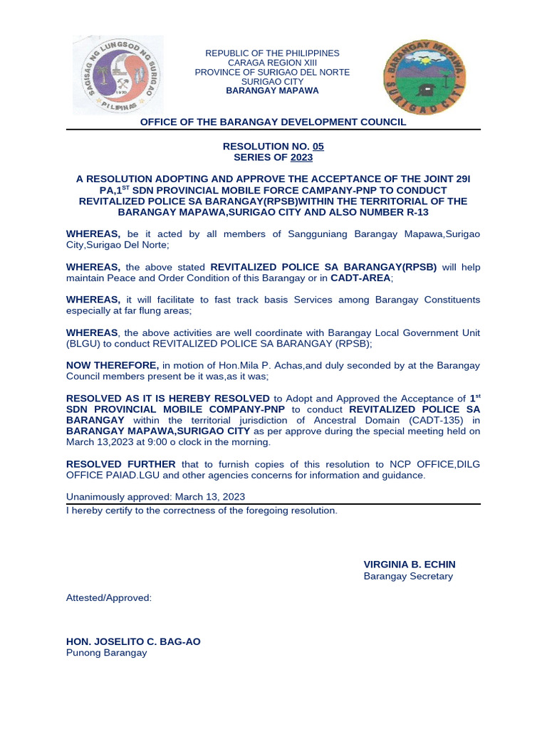 RPSB Resolution for Barangay Mapawa | PDF