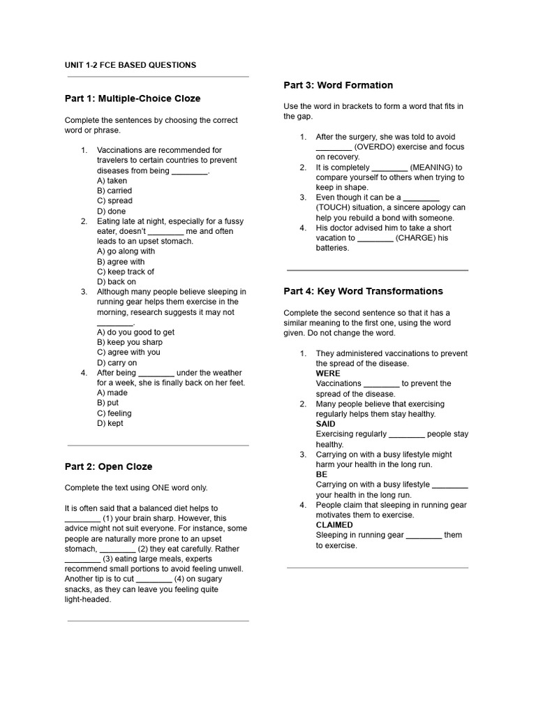 Unit 1-2 Fce Based Questions | PDF