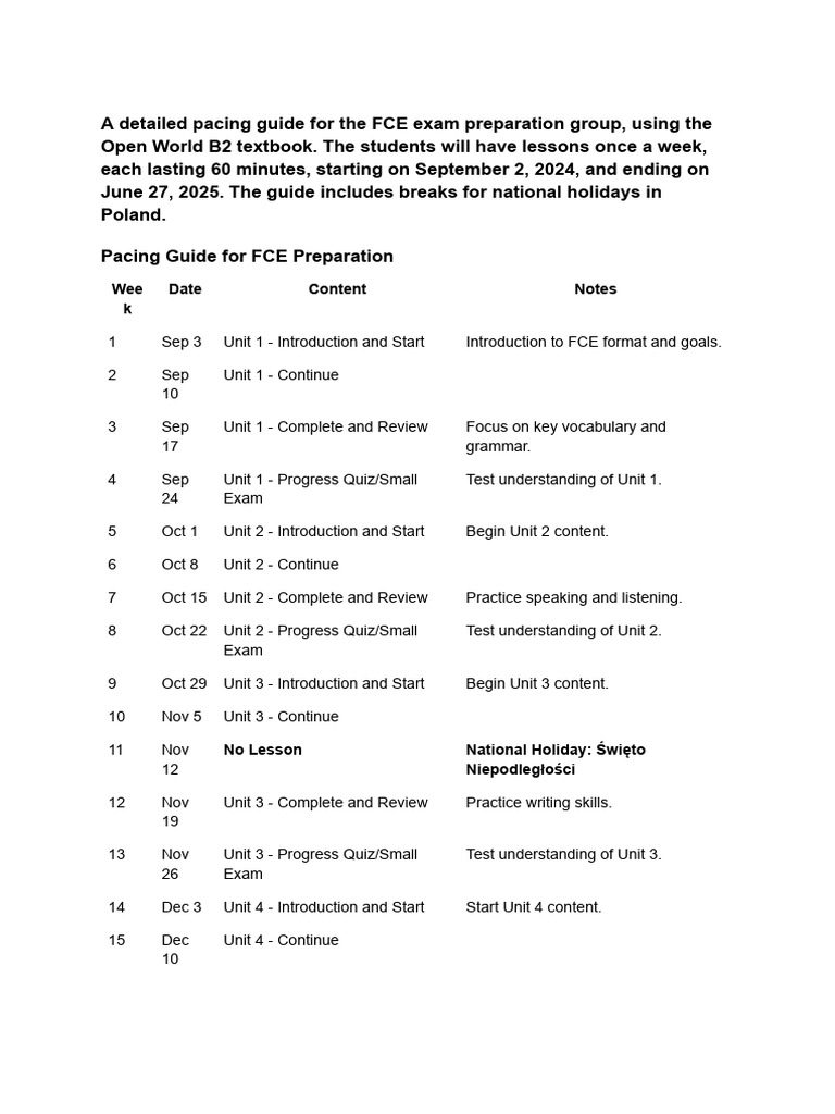 PACING GUIDE: EN FCE (2 oso)-W-IS (B2) | PDF | Standardized Tests ...