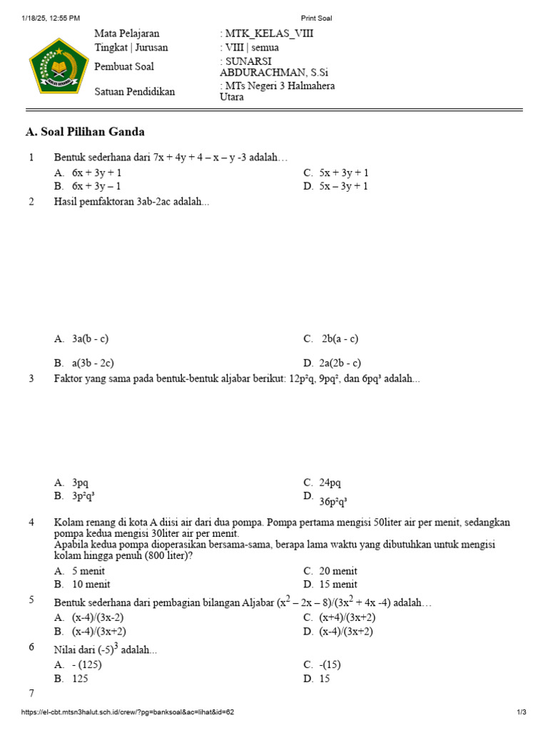 Soal Matematika Kelas VIII | PDF