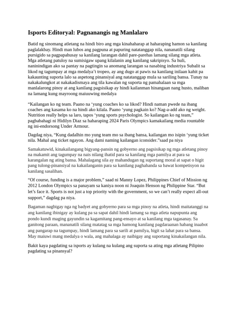 Isports Editoryal Hinagpis NG Manlalaro, Medalya Muna Bago Suporta | PDF