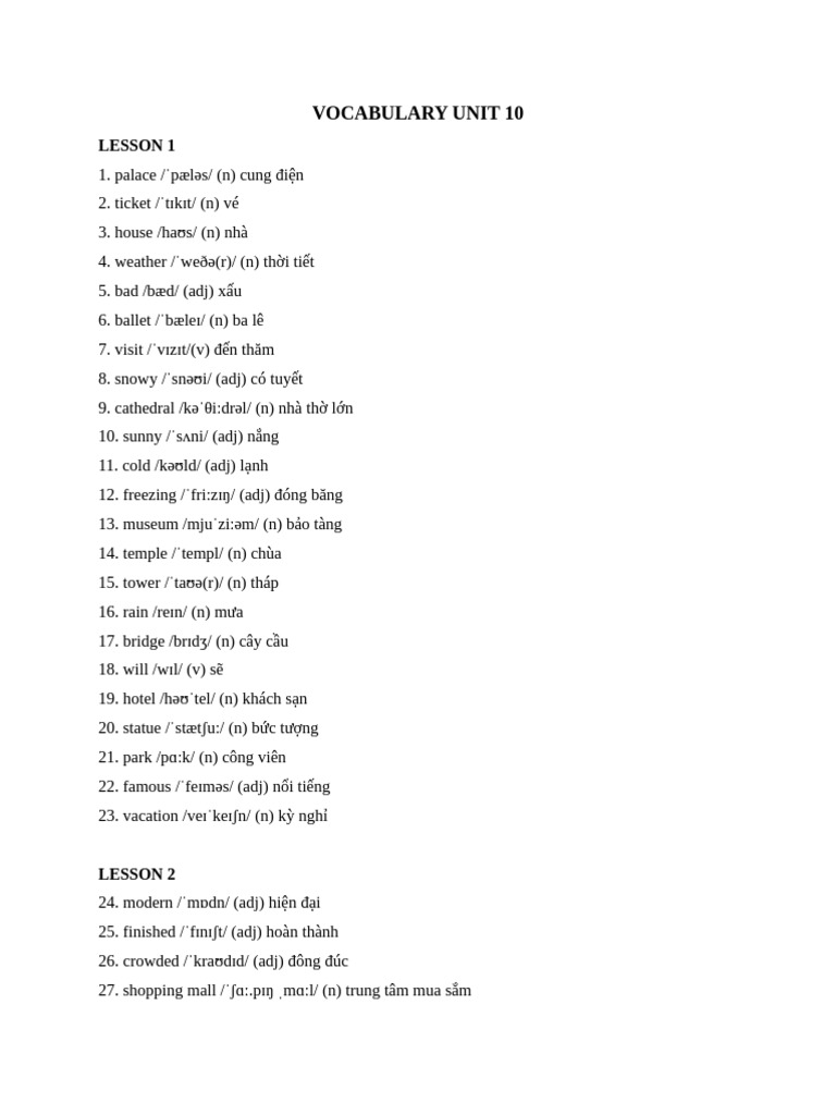 Vocabulary Unit 10 | PDF