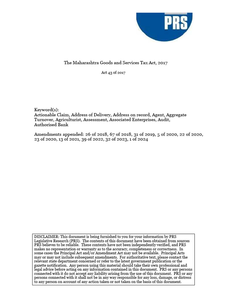 Maharashtra GST Act, 2017 | PDF | Taxes