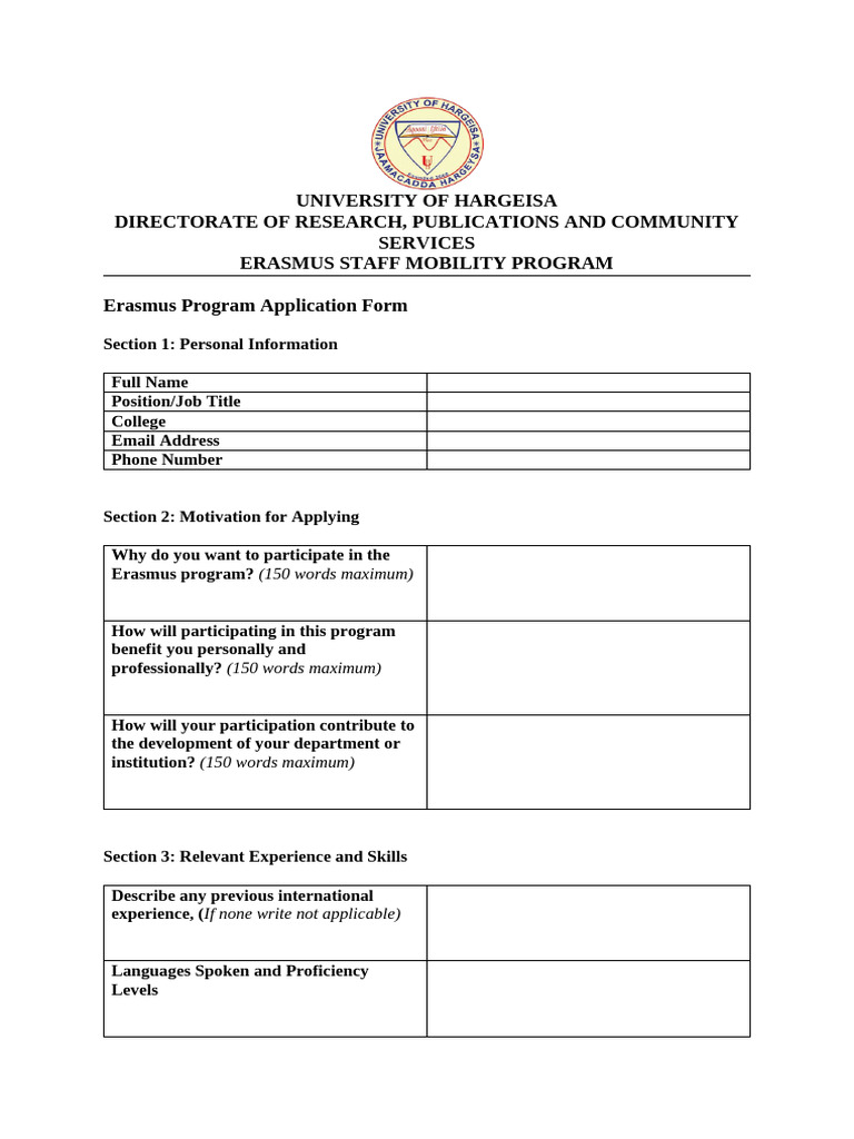 Erasmus Program Application Form | PDF