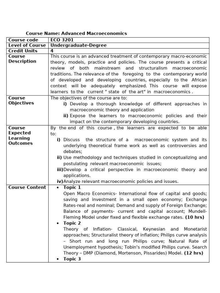 Advanced Macroeconomics Course Outline | PDF | Macroeconomics | Economics