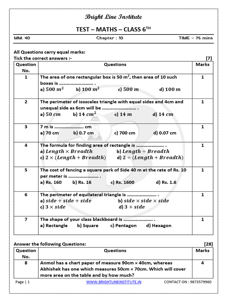 Class 6 Maths Test on Area and Perimeter | PDF | Area | Geometry