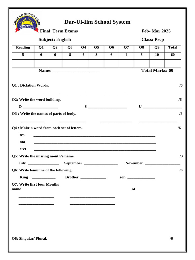 Prep Class English Exam 2025 | PDF