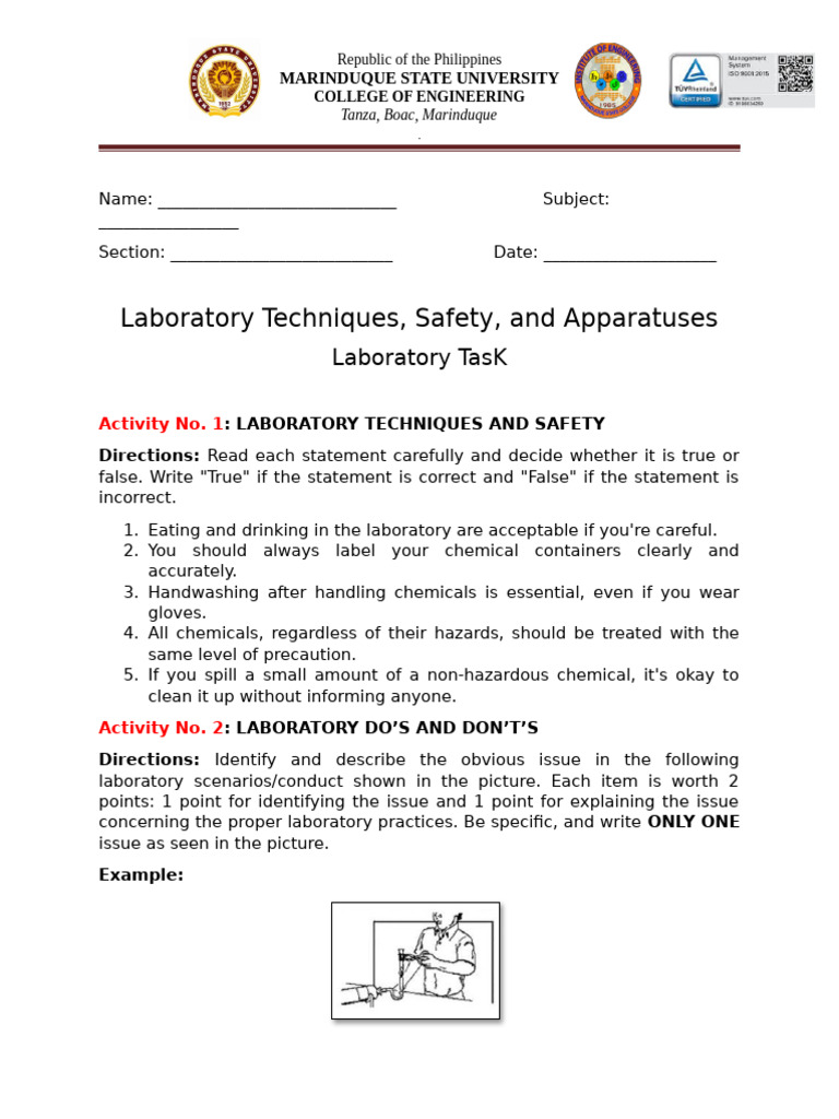 Laboratory Activity - Laboratory Safety, Apparatuses and Techniques ...