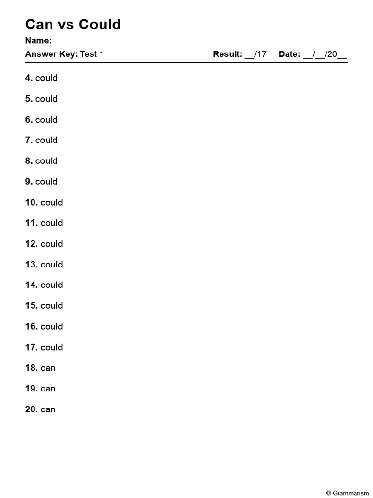 Grammarism Can Vs Could Test 1 Answers 2796138 | PDF