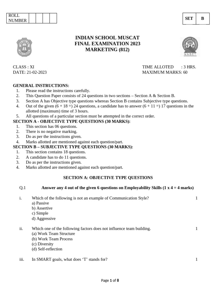 ISM Class XI Marketing (812) (FE) QP & MS (22-23) SET B | PDF | Marketing | Market Segmentation