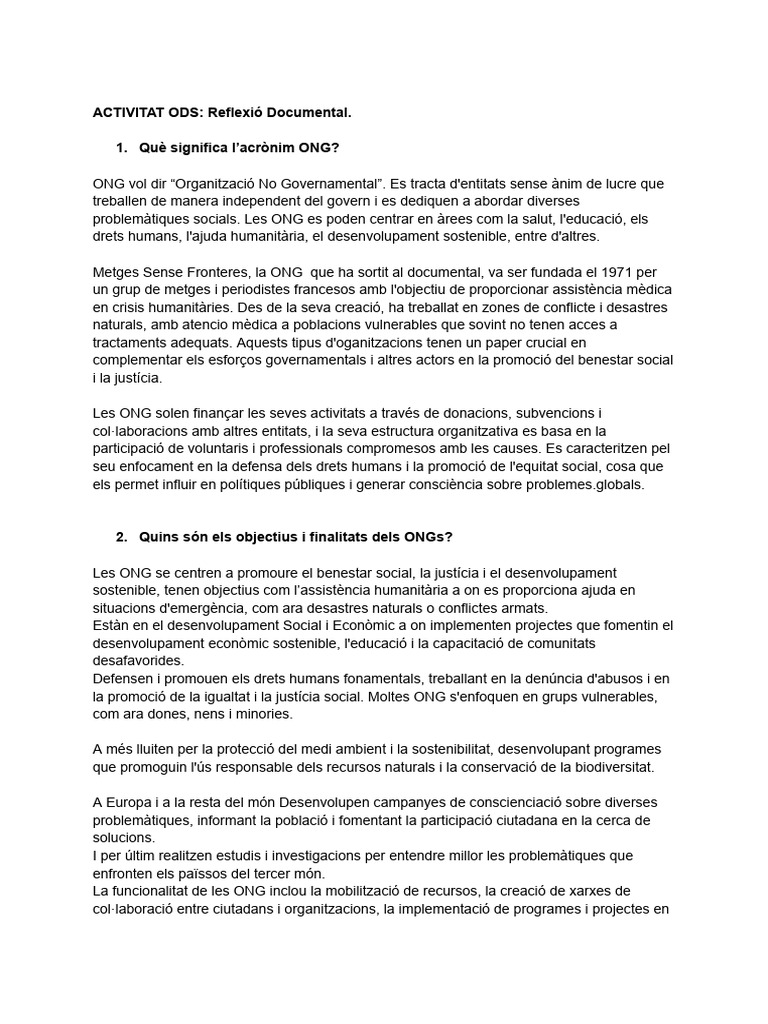 ACTIVITAT ODS - Reflexió Documental | PDF