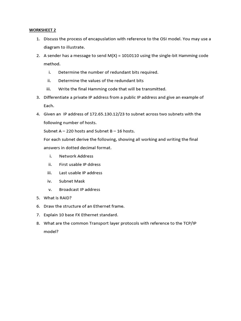 Networking Concepts and Hamming Code Worksheet | PDF