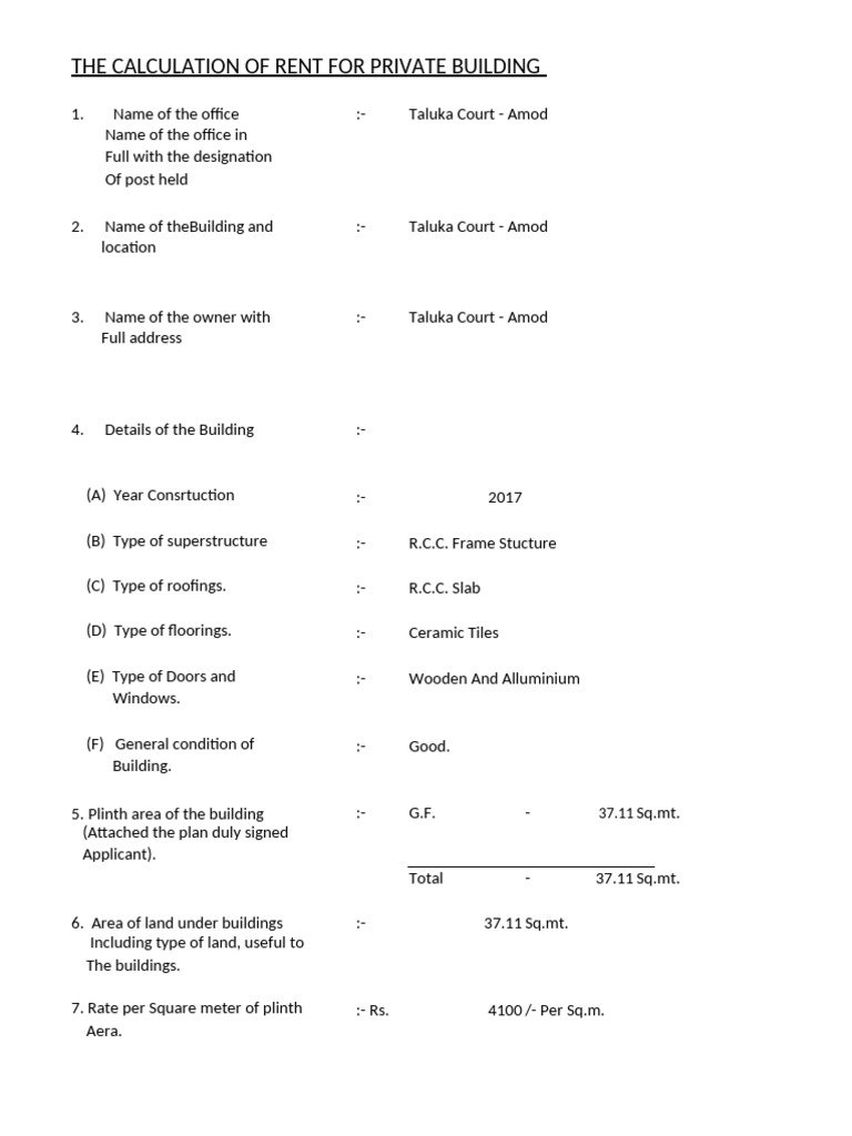The Calculation of Rent For Private Building | PDF