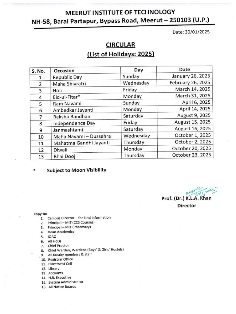 CIRCULAR (List of Holidays 2025) | PDF