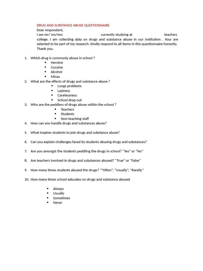 DRUG AND SUbstance Questionnare | PDF