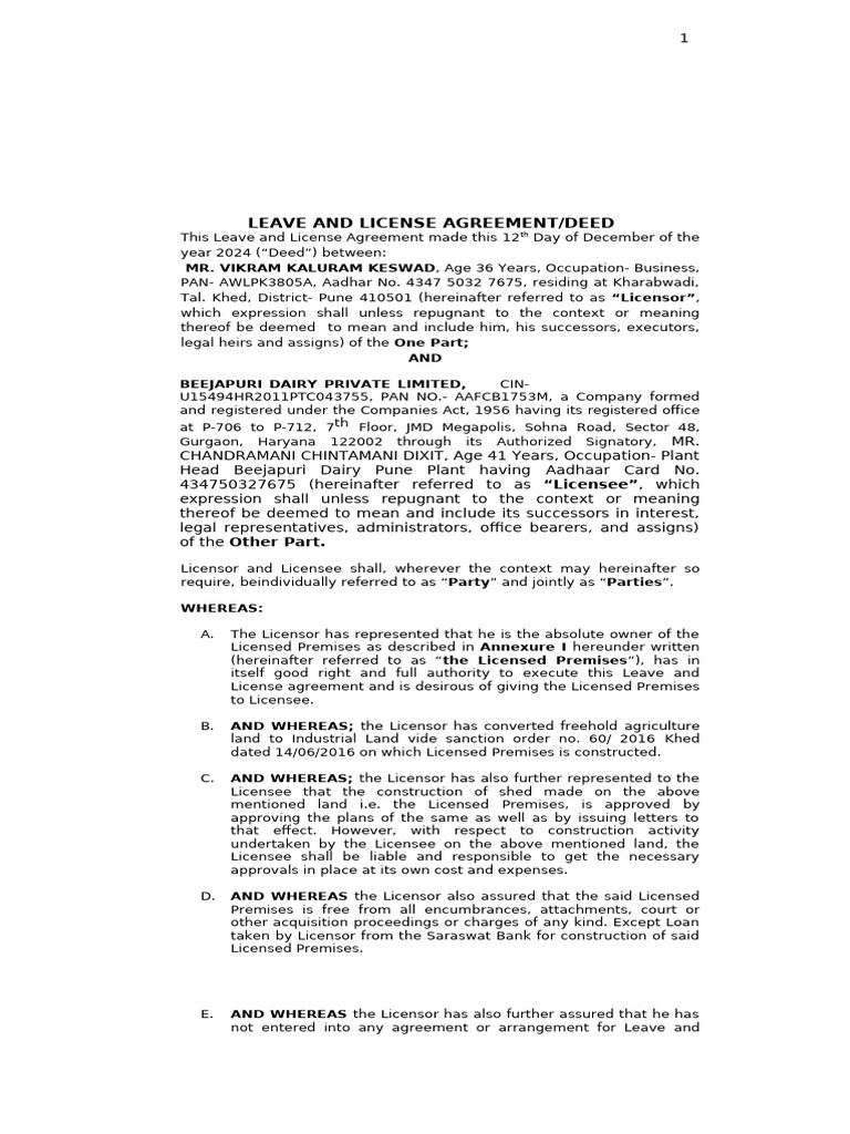 v08. Reviewed Version - L & L AGREEMENT - Vikram Keswad - FINAL | PDF ...