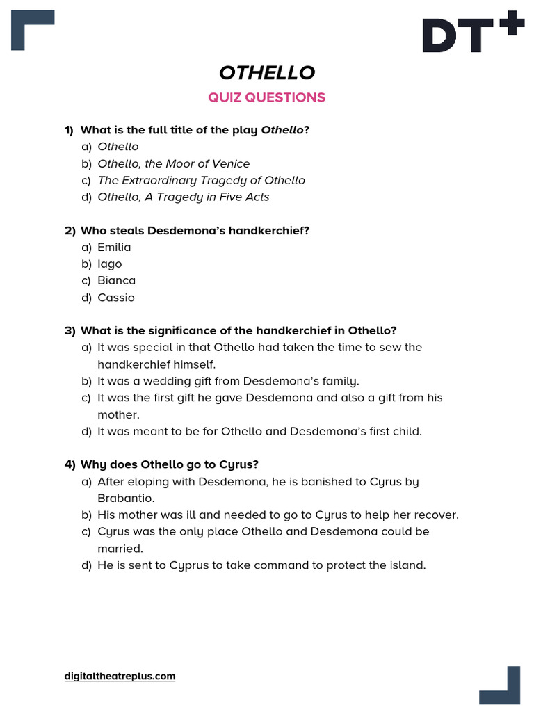 Othello - Quiz Questions | PDF