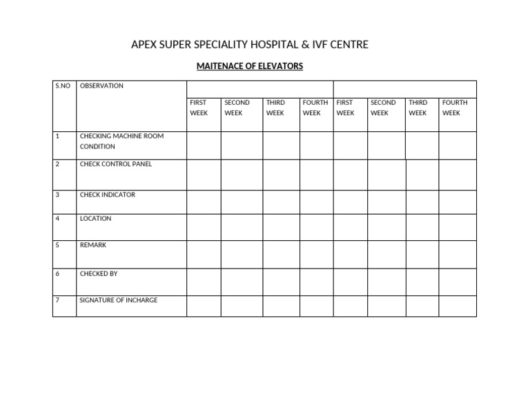 Elevator Maintenance Schedule for APEX Hospital | PDF