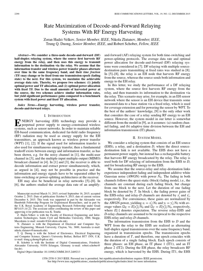 Rate Maximization of Decode-and-Forward Relaying Systems With RF Energy Harvesting | PDF | Radio ...