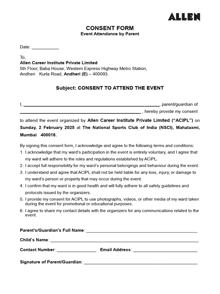 Parent Consent Form for Event Attendance | PDF