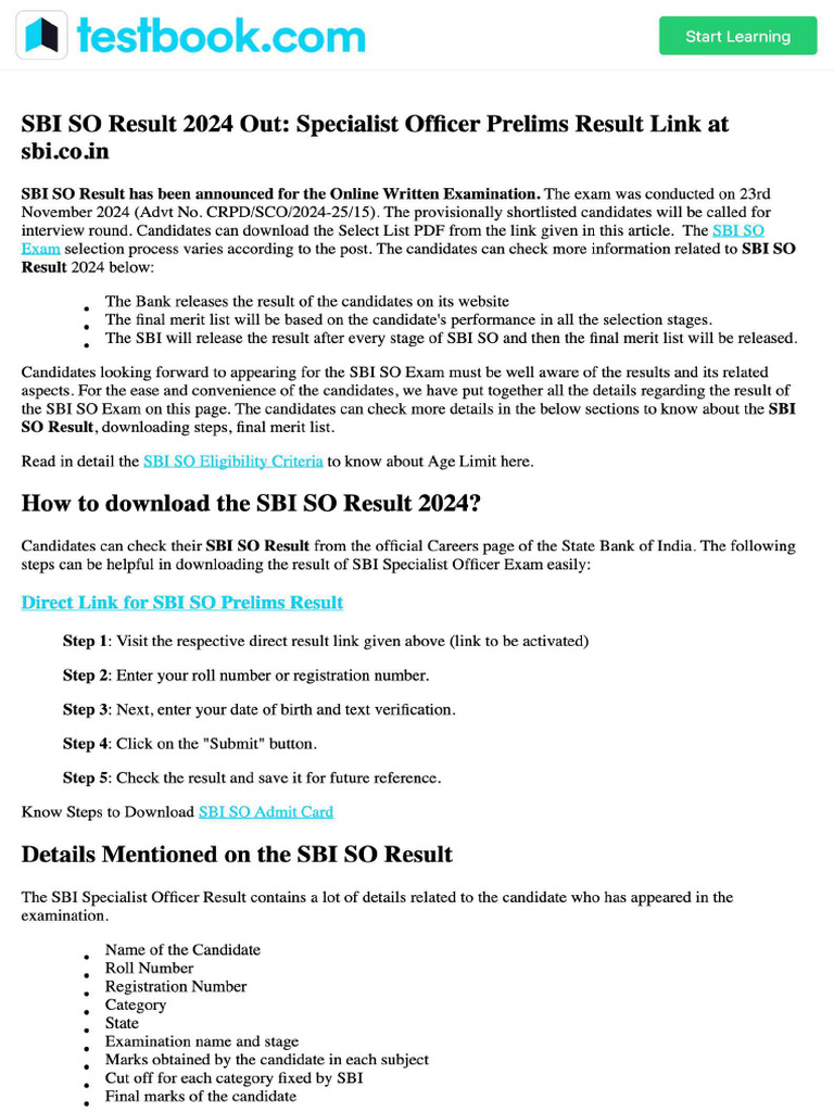 SBI SO Result 2024 Out - Specialist Officer Prelims Result Link at Sbi ...