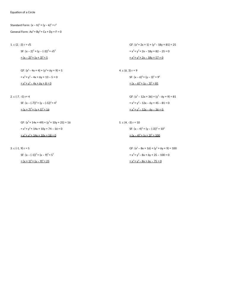 Equation of A Circle Math 10 | PDF