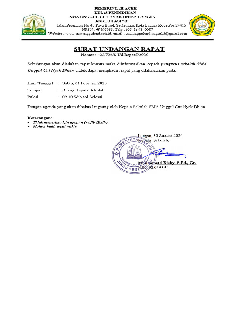 Undangan Rapat SMA Unggul Cut Nyak Dhien | PDF