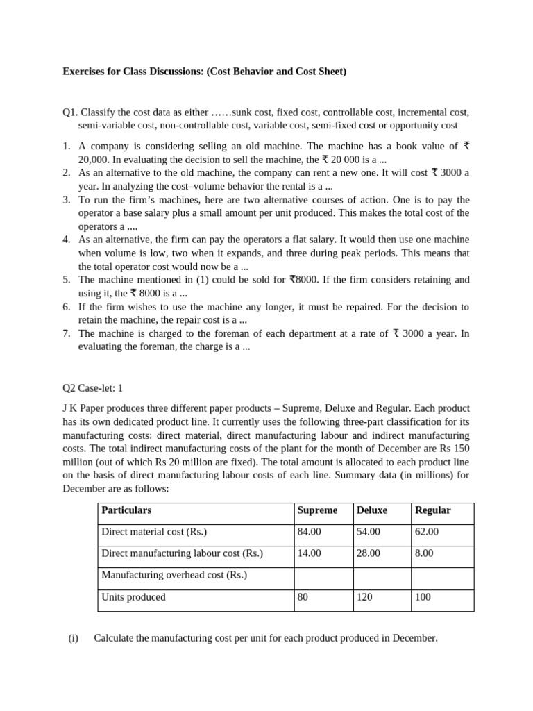 Exercises for Class Discussions | PDF | Inventory | Cost