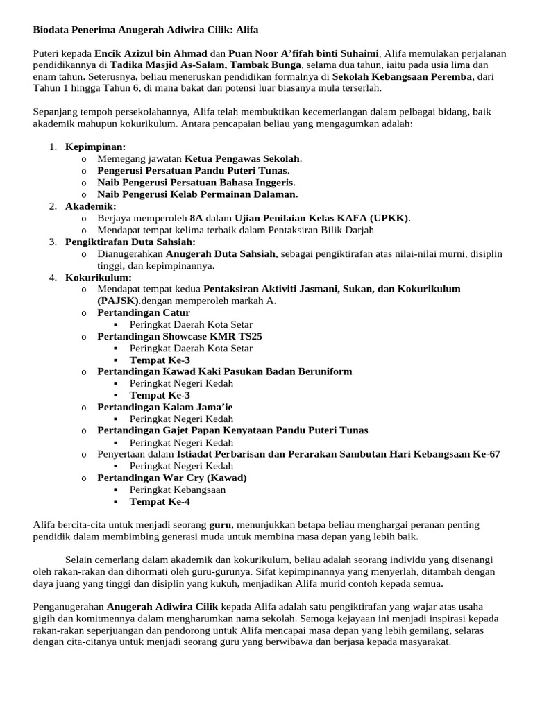 Biodata Penerima Anugerah Adiwira Cilik 2024 - Alifa (1) | PDF