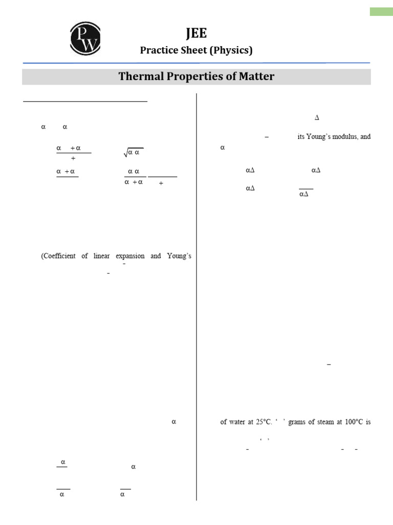 Practice Sheet Prayas JEE 2024 Thermal Properties of Matter - (Part-1 ...