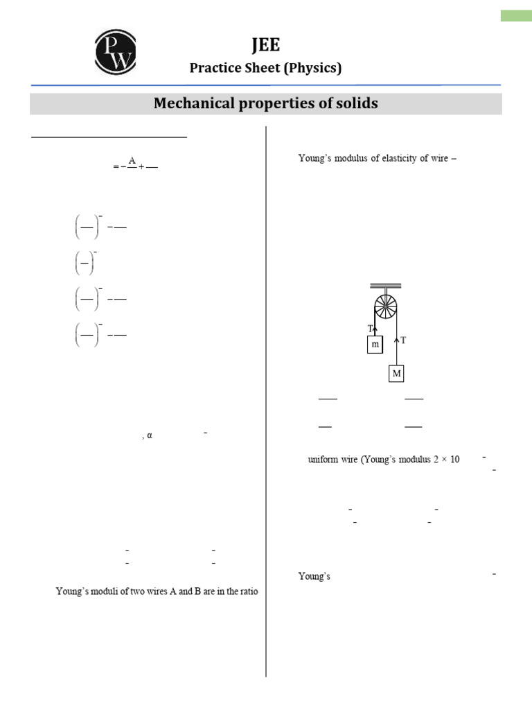 Practice Sheet - Mechanical Properties of Solids - Tejas - Prayas JEE (2024) - Bivash - (Part ...