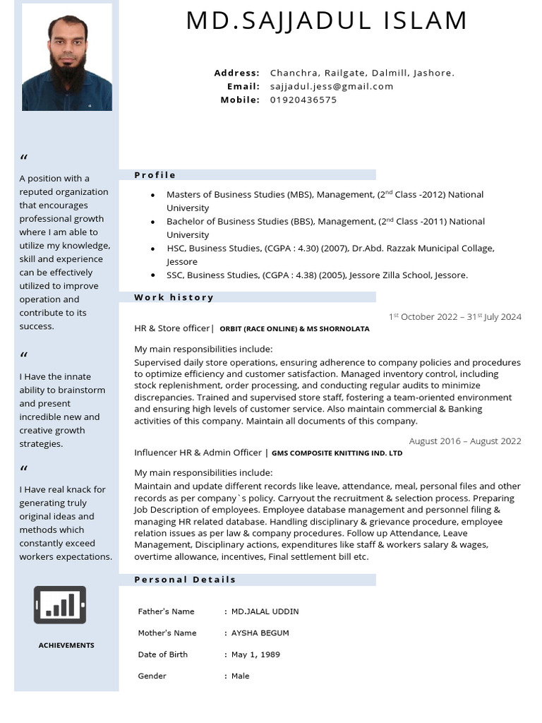 Professional Profile of MD. Sajjadul Islam | PDF | Employment | Business