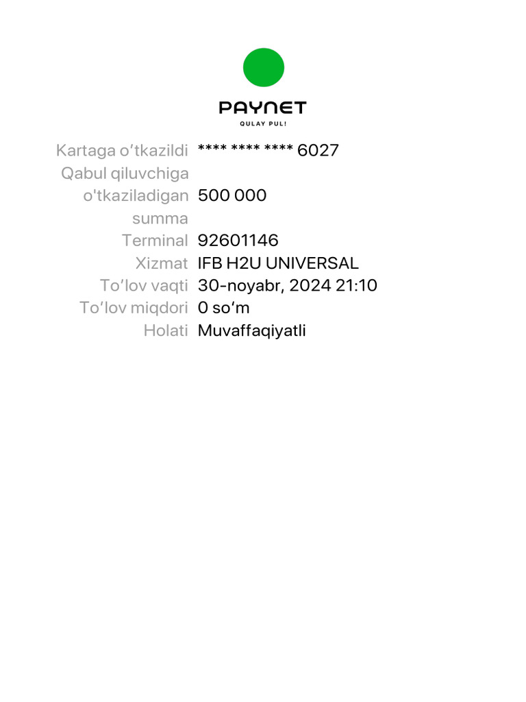 Kartaga O'tkazildi Qabul Qiluvchiga O'tkaziladigan Summa Terminal ...