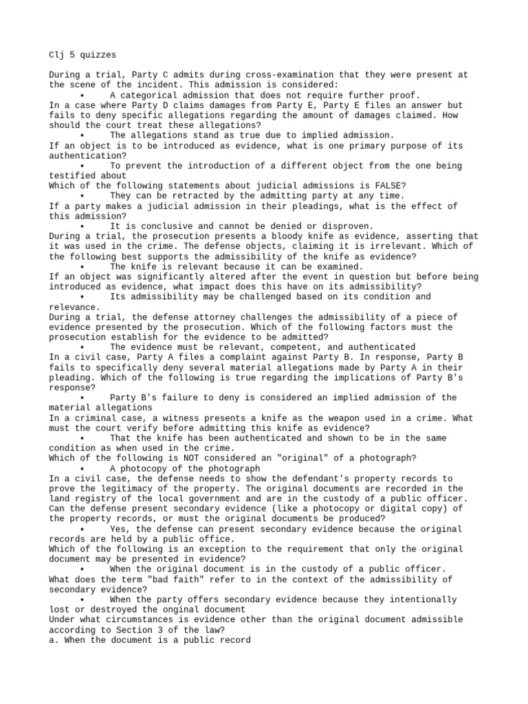 Legal Evidence and Admissions Quiz | PDF | Evidence (Law) | Plea