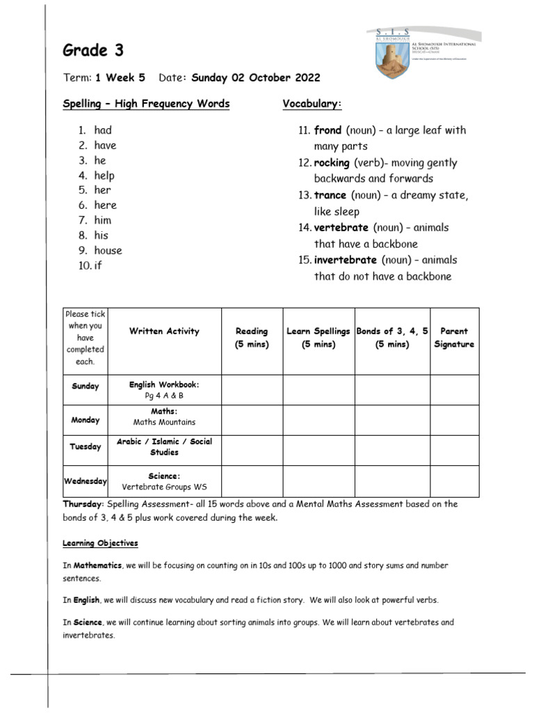 Homework Sheet Gr3 Term1 Week5 | PDF