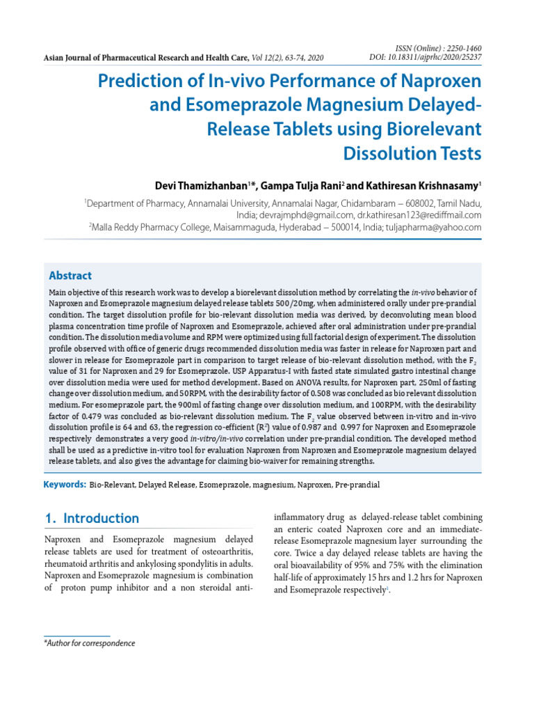 Prediction of in Vivo Performance of Nap | PDF | Tablet (Pharmacy ...